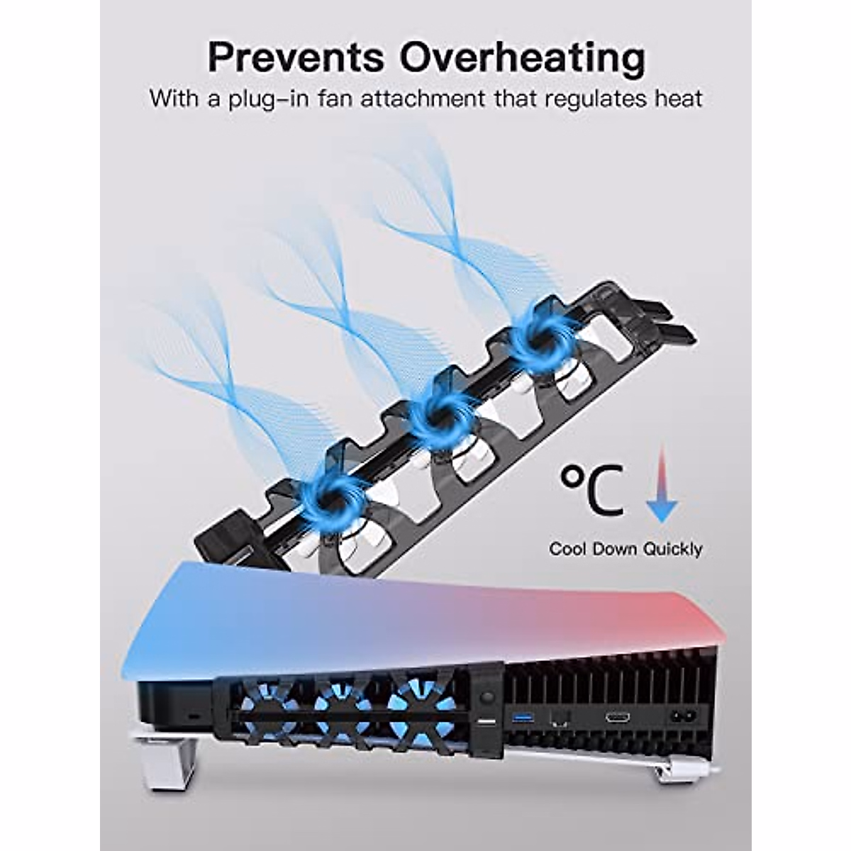 NexiGo PS5 Horizontal Stand with Slient Cooling Fan, [Auto On/Off], [Minimalist Design], Compatible with Playstation 5 Disc & Digital Editions, Built-in LED Light, Extra USB Port, Easy to Install