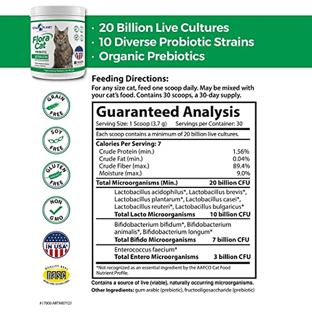 Vital Planet - Flora Cat Probiotic Powder Supplement with 20 Billion Cultures and 10 Diverse Strains High Potency Probiotics for All Cats for Feline Digestive and Immune Support 30 Scoops 3.92 oz