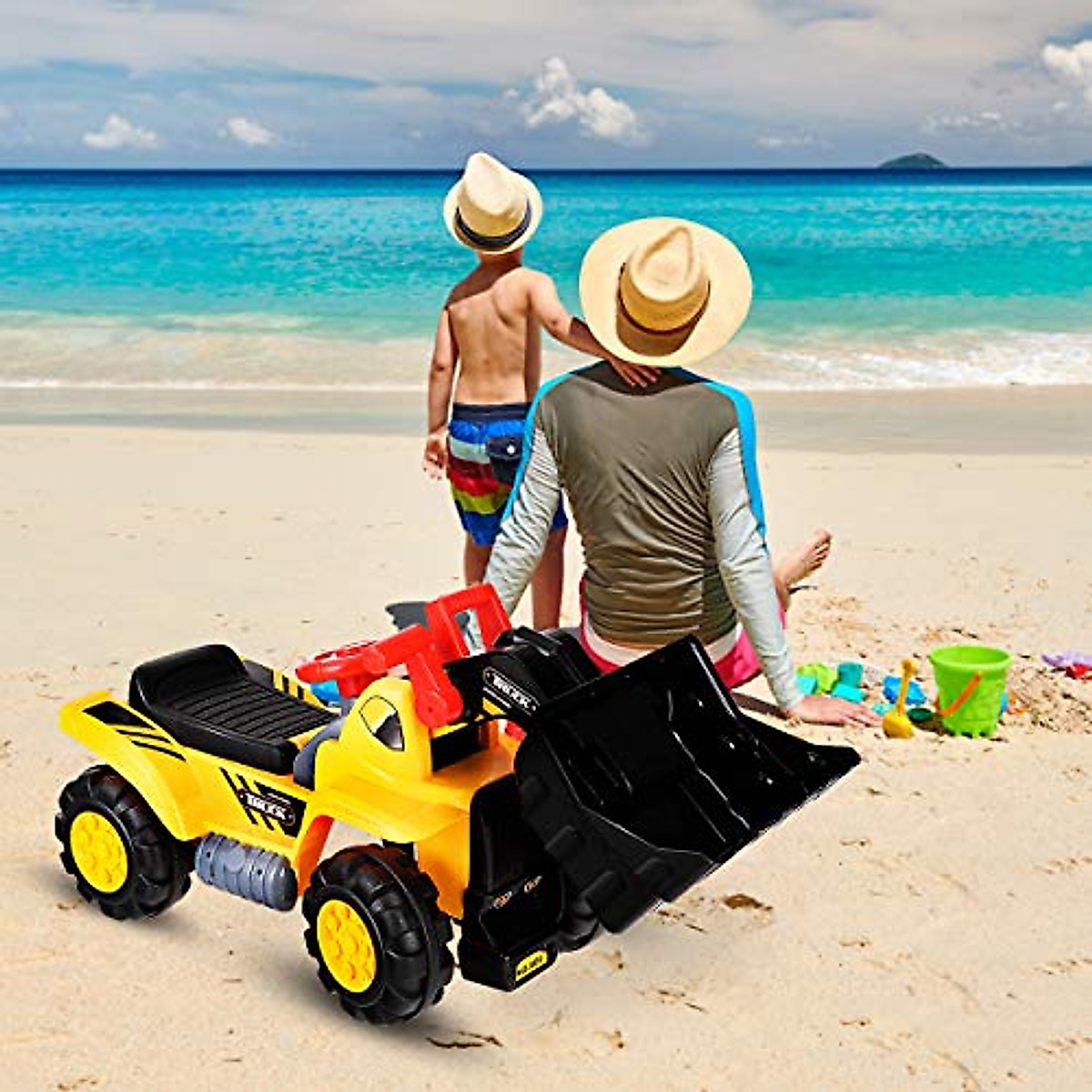 Giantex Ride On Bulldozer Truck for Kids, Excavator Digger Construction Vehicles, Pretend Play Sliding Tractor, w/ Multiple Sounds, Push Bucket, Low Seat, Anti-Skid Tires, Front Loader Ride-On Large