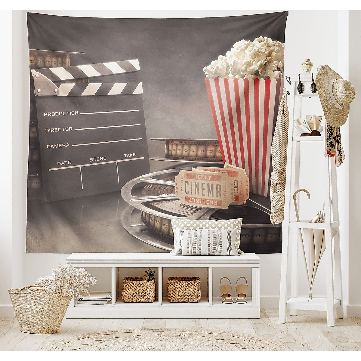 Ambesonne Movie Theater Tapestry, Old Fashion Entertainment Objects Related to Cinema Film Reel Motion Picture, Wide Wall Hanging for Bedroom Living Room Dorm, 80" X 60", Yellow White
