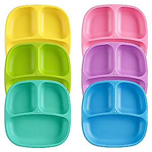 Re Play 6pk - 7" Divided Plates for Baby, Toddler & Child Feeding in Yellow, Lime, Pink, Purple, Aqua & Sky Blue - BPA Free- Made in USA from Eco Friendly Recycled Milk Jugs - Sorbet - Set of 6