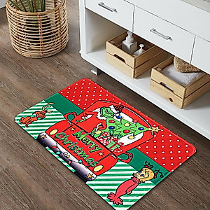 EVECILOO Christma Door Mat, Green Cartoon Character Car Kitchen Rug Decor of Winter Holiday Party Home Decorations Non-Slip, Washable, Stain and Resistant Fade, Car
