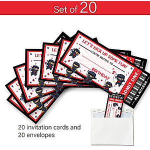 LyoGao 20 Pack Ninja Birthday Party Ticket Invitations With Envelopes Ninja Birthday Party Invitations Fill in Let's Kick Up Some Fun Ninja Warrior Invites (Ticket Style)