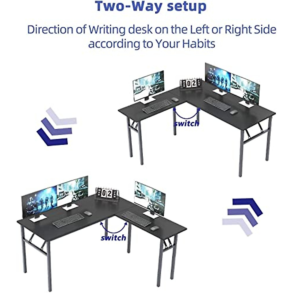 L Shaped Desk, Folding Computer Tables,55"x 55"Computer Corner Desk, Home Gaming Desk, Office Writing Workstation, Space-Saving, Easy to Assemble,Black