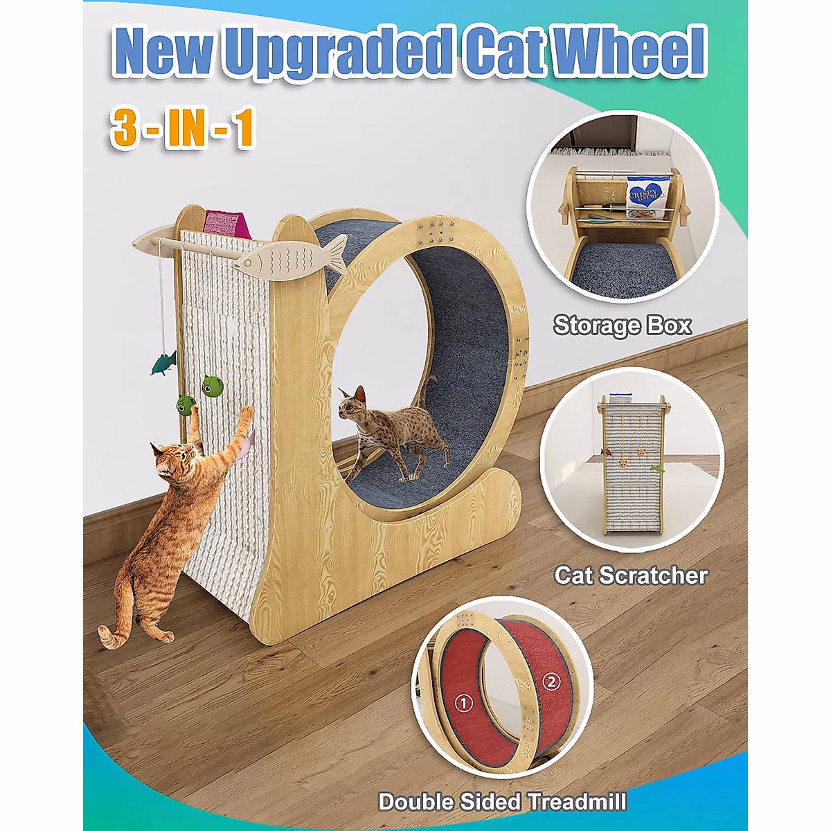 MIWOOYY Large Cat Exercise Wheel with Scratcher and Storage - 40 Inch Natural Solid Wood Cat Treadmill for Indoor Cats Run Motion & Play (Snail)