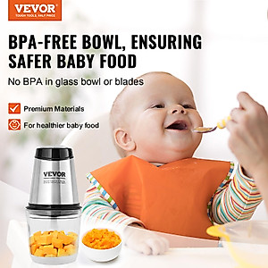 VEVOR Food Processor, Mini Electric Chopper 400W, 2 Speeds Electric Meat Grinder, Stainless Steel Meat Blender, for Baby Food, Meat, Onion, Vegetables, 2.5 Cup
