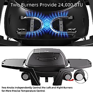 Portable Gas Grill, Portable Propane Grill, Propane Gas Grill, 24,000 BTU Outdoor Tabletop Small BBQ Grill with Two Burners, Removable Side Tables, Gas Hose and Regulator, Built in Thermometer, Black