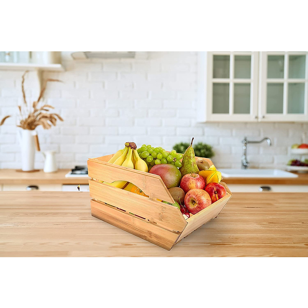 ROYALHOUSE Bamboo Fruit Basket, Stackable Basket, Fruit & Vegetable Storage For Kitchen Countertop, Bamboo Fruit Bowl, Tabletop Fruit Serving Bowl (Pack of 2)