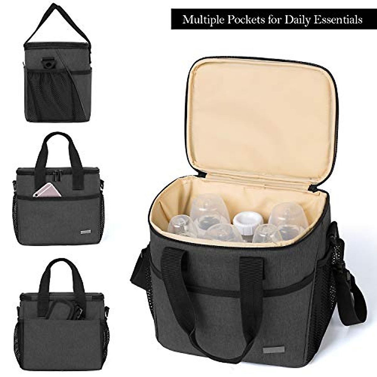 Yarwo Breast Milk Cooler Bag with Ice Pack for 6 Bottles up to 9 Ounce, Insulated Baby Bottles Tote Bag for Breastfeeding Mothers on The go,Black