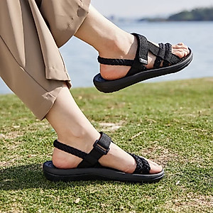 MEGNYA Comfortable Flip Flop Sandals for Ladies, Lightweight and Non Slip Rubber Hiking Sandals for Adventure, Arch Support Sandals with Hook and Loop Comfy Straps Black Size 10