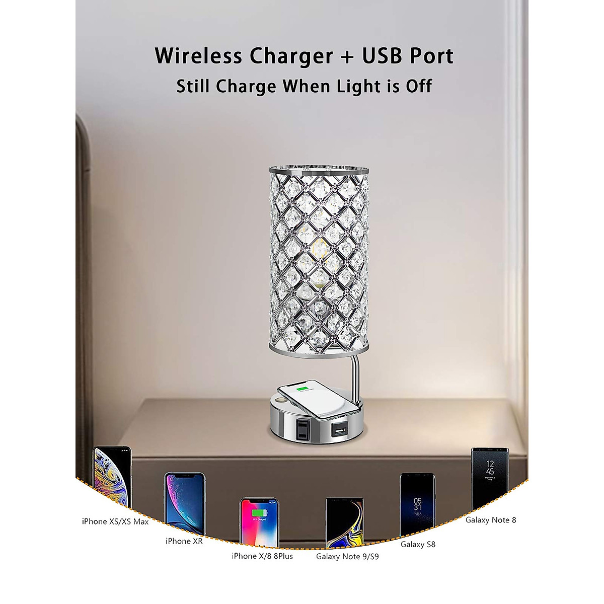 Touch Control Crystal Table Lamp, 3 Way Dimmable Wireless Charging Table Lamp, USB Bedside Light with Crystal Shade, Modern Nightstand Lamps for Bedroom Living Room (Bulb Included) (Silver)