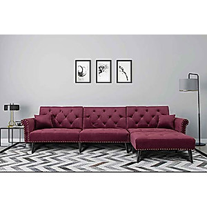 Peciafy Modern Reversible Sectional Sofa Couch for Living Room L-Shape Sofa Couch 3-seat Sofas Solid Wood Legs for Small Space, Decor with Metal Nails - Wine Red