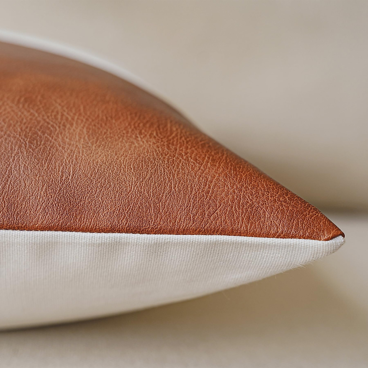 GEGELICA Faux Leather Patchwork White Linen Throw Pillow Covers Modern Minimalist Farmhouse Solid Boho Decorative Pillow Covers for Couch Living Room Bedroom Set of 2 18X18 Inch Brown and Cognac