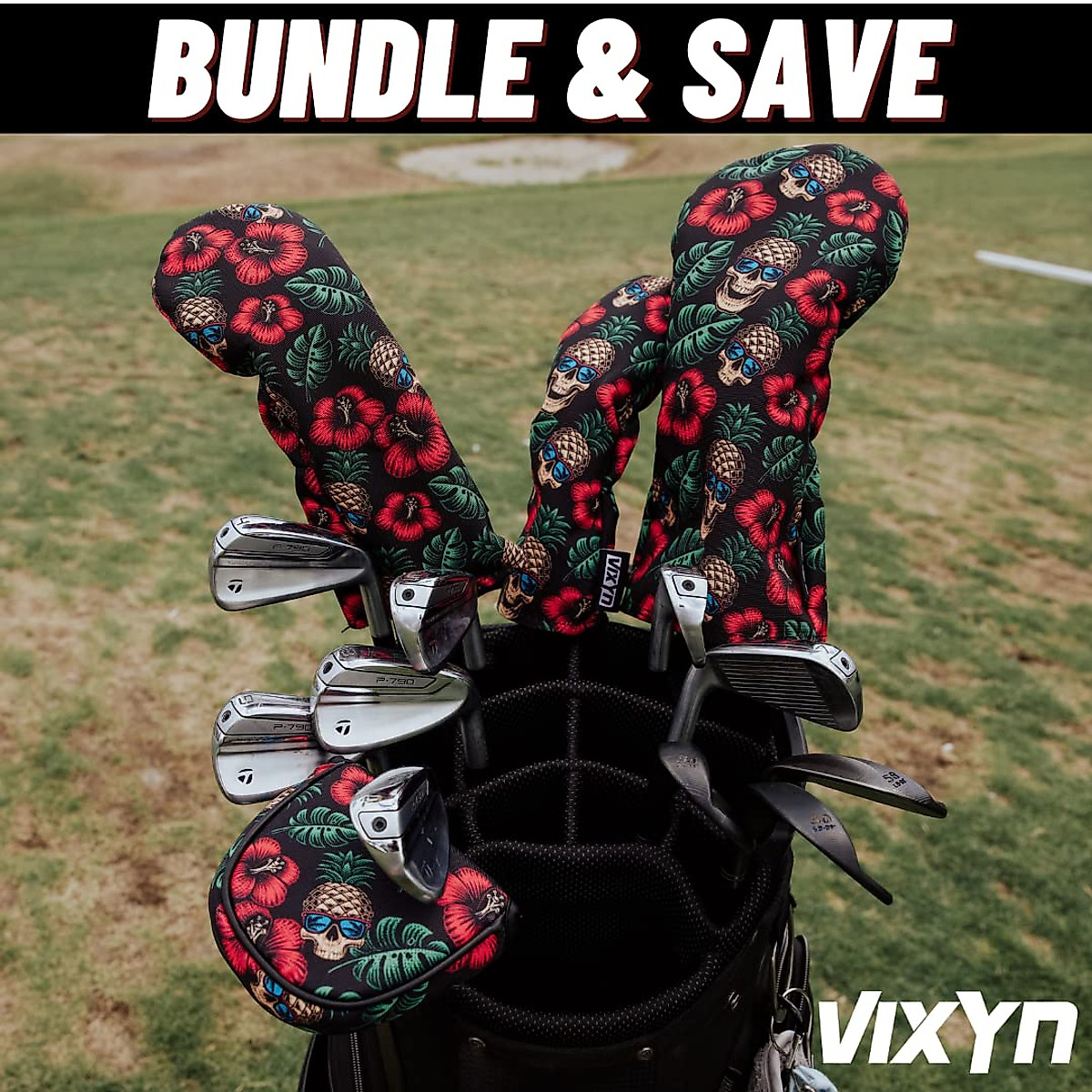 VIXYN Golf Club and Mallet Putter Cover Bundle Set - 4 Pack Golf Club Covers for Driver, Woods, Hybrid, and Mallet Putter (Pineapple Skull)