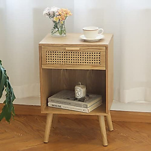 MaxSmeo Rattan Nightstand Small Side Table, End Table Living Room Modern Nightstand, Wood Nightstand with Drawers and Open Shelf (Natural Walnut)