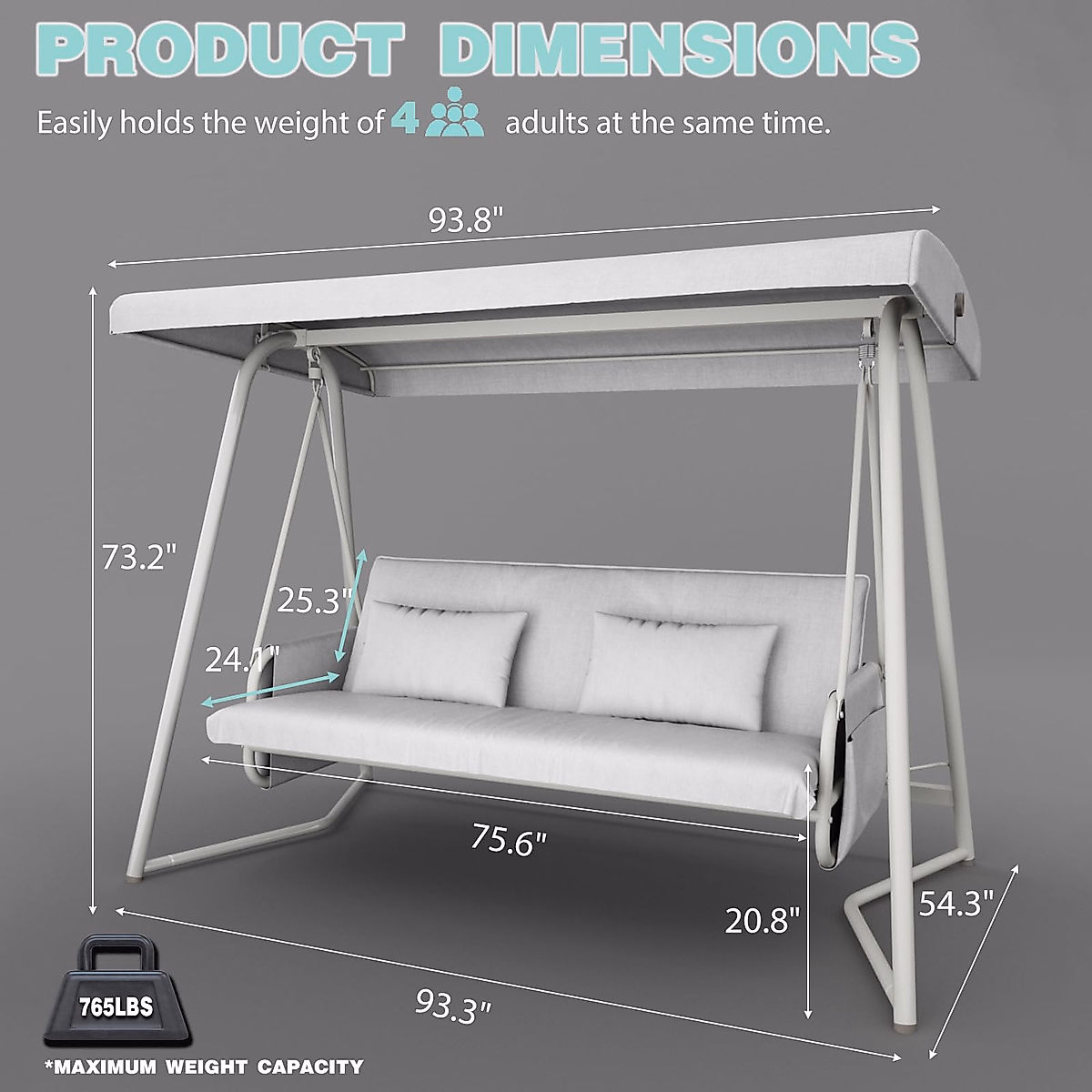JOYBASE 3 Person Outdoor Porch Swing with Canopy, Patio Porch Swing with Stand, Swing Daybed Bed Bench with Cushion and Pillow, Swing for Deck, Outside, Garden, Backyard, Balcony