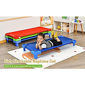 KOTEK Stackable Sleeping Daycare Cots for Kids, Portable Toddler Nap Cots, 52" L x 23" W, Ready-to-Assemble, Space-Saving Children Naptime Cot for Classroom Preschool (Set of 4)