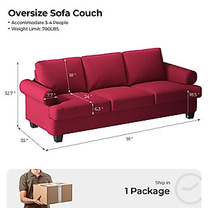 COPIAE 91 Inch Lawson Sofa with Extra Deep Seats Oversize, 3-Seat Sofa Couch, Couches for Living Room, Mid-Century Modern, Apartment Lounge, Red Sofas for Living Room