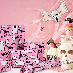100 Sheets 20 * 14 Inches Pink Ghost and Boo Tissue Paper Halloween Bat Ghost Printed Tissue Paper for Birthday Party Baby Shower Halloween Party DIY Craft