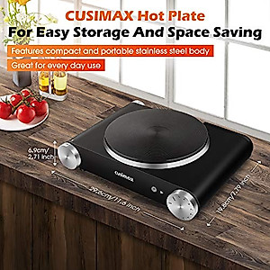 CUSIMAX Electric Burner Hot Plate for Cooking Cast Iron hot plates, Adjustable Temperature Control, Non-Slip Rubber Feet Stainless Steel Easy to Clean, Your Kitchen Assistant