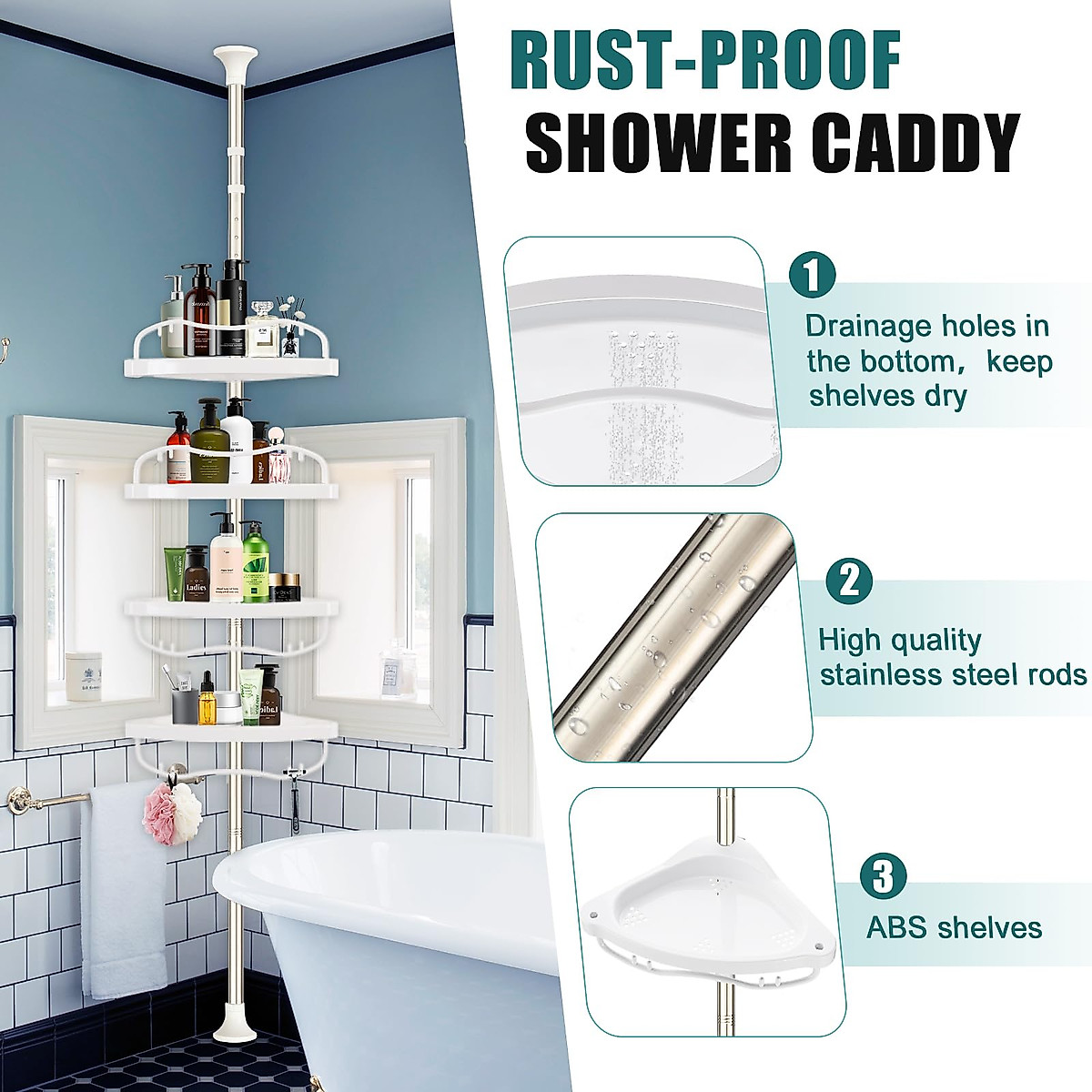 HOSKO Shower Caddy Tension Pole, 4-Tier Adjustable Tension Rod Shower Caddy Corner, Rustproof Shower Organizer Corner Shelf 54 to 114 Inch