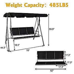 3 Person Patio Swing with Convertible Canopy--Weather Resistant Frame and Breathable Seat, Comfy Outdoor Swing Chair Bench for Porch Backyard Garden, Black
