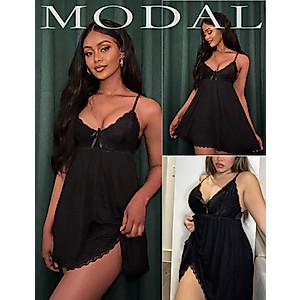 Avidlove Womens Sleepwear Lace Babydoll Sexy Chemise V-Neck Nightgown Modal Nightie(Black,XL)