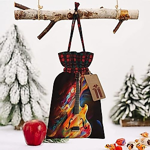 Christmas Gift Bags with Drawstring Burlap Gift Bags Abstract Guitar Christmas Linen Bags for Xmas Party Candy Bags with Cards Xmas Reusable Wrapping Bags Christmas Linen Treat Bags for Holiday