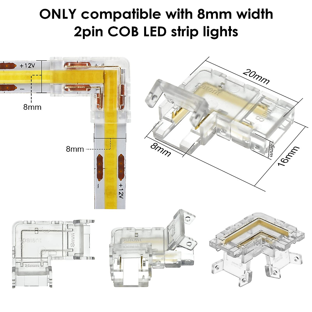 RGBZONE 12Pcs 2Pin L-Shaped COB LED Connectors 8mm Strip to Strip Solderless Corner Connector for 2pin 8mm COB LED Strip Lights