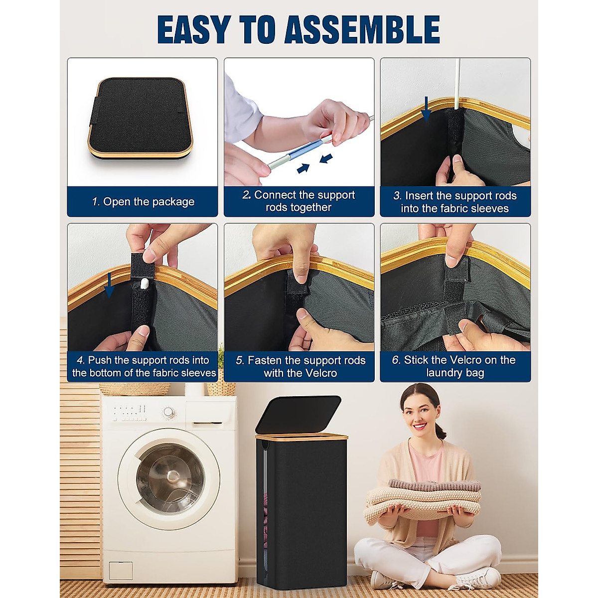 Laundry Hamper with Lid - Large Laundry Basket… (Black, 110L)