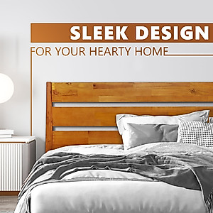 Acacia Emery Bed Frame with Headboard 100% Solid Wood Platform Bed, Mid Century Modern Wood Bed Compatible with All Mattresses, Non-Slip and Noise-Free, 30 Mins Assembly, King Size Bed Frame, Caramel