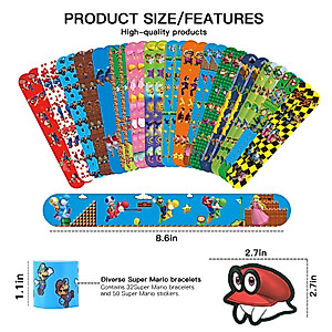 HHMJZW 32PCS Mario Bros Slap Bracelet Toys and 50 PCS cartoon Mario Bros party stickers carnival prizes - for Kids Boys & Girls Birthday Party Supplies Favors