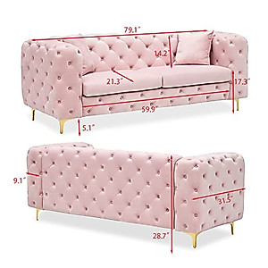 Homtique Mid-Century Modern Sofa Couch, 79 Inch Long Couch Comfy Upholstered Sofa with 2 Pillows Button Tufted Velvet High Armrest and Golden Legs Decor for Living Room, Bedroom, Apartment (Pink)