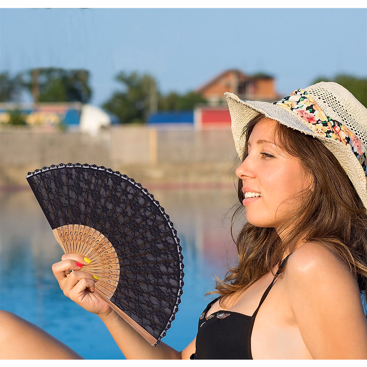 Amajiji Chinese/Japanese Vintage Retro Style Bamboo Wood Silk Folding Hand Fan for women HBSY (23cm) (006)