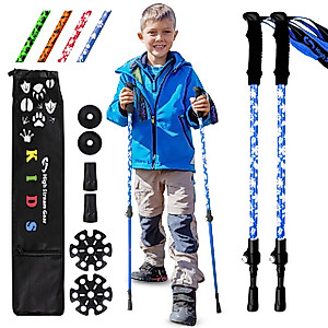 Kids Hiking Poles – Adjustable Telescopic Trekking Poles for Children – Includes: 2 Collapsible Walking Sticks for Hiking, Carrier Bag and Accessories All Designed for Boys and Girls (Blue)
