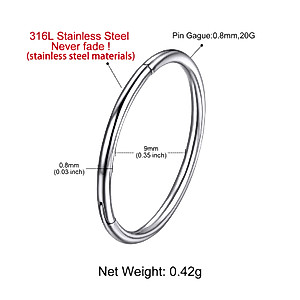 KeyStyle Surgical Steel Sleeper Tiny Hoop Earrings, Womens Nose Ring Septum Ring Helix Ring Daith Ring Lip Ring, 9mm