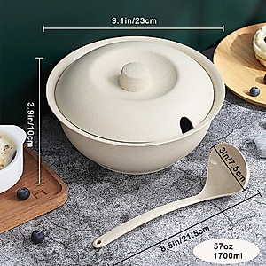 Unbreakable and Lightweight Soup Bowl with Lid and Spoon, 60Oz/1800ml Noodle Bowl Rice Bowl Cereal Bowl Dinner Bowl, Dishwasher Safe (Beige)