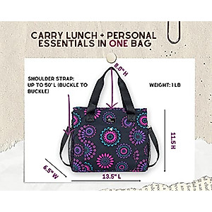 Pursetti Insulated Lunch Bag for Women-Reusable Large Lunch Tote Bag with Water Bottle Holder & Leak-Proof Lining for Work or Travel-Carry by Hand, On the Shoulder or Crossbody (Purple Circle)