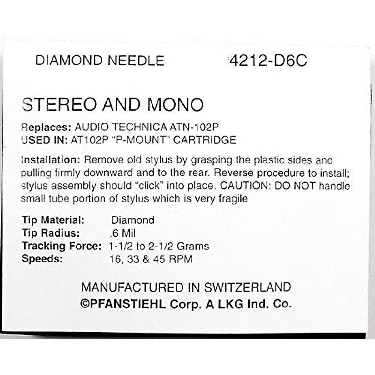 Pfanstiehl Phonograph Turntable Needle Stylus For Audio Technica ATN102P ATN-102P, ATN-102EP, ATN102EP P-Mount