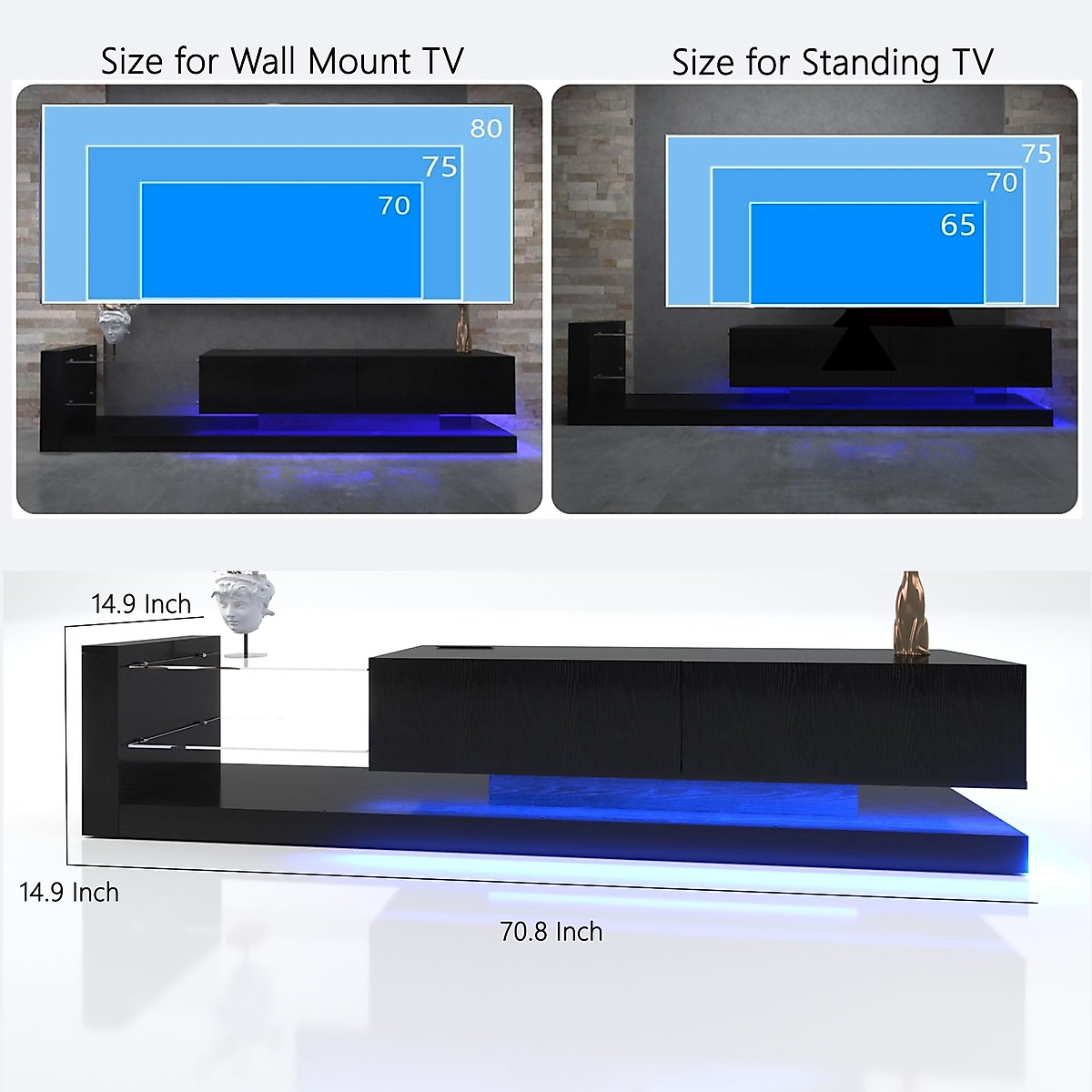BAMACAR Black TV Stand For 80 75+ 75 70 Inch TV, Black TV Console For 75+ Inch TV, Entertainment Center For 75 75+ 80 Inch TV Stands For Living Room 75 75+ 80 Inch, LED TV Stand 80 75 70 Inch TV Table