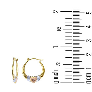 14K Gold Solid Tricolor Diamond Cut Heart Hoop Earrings For Women, 2.70x18mm