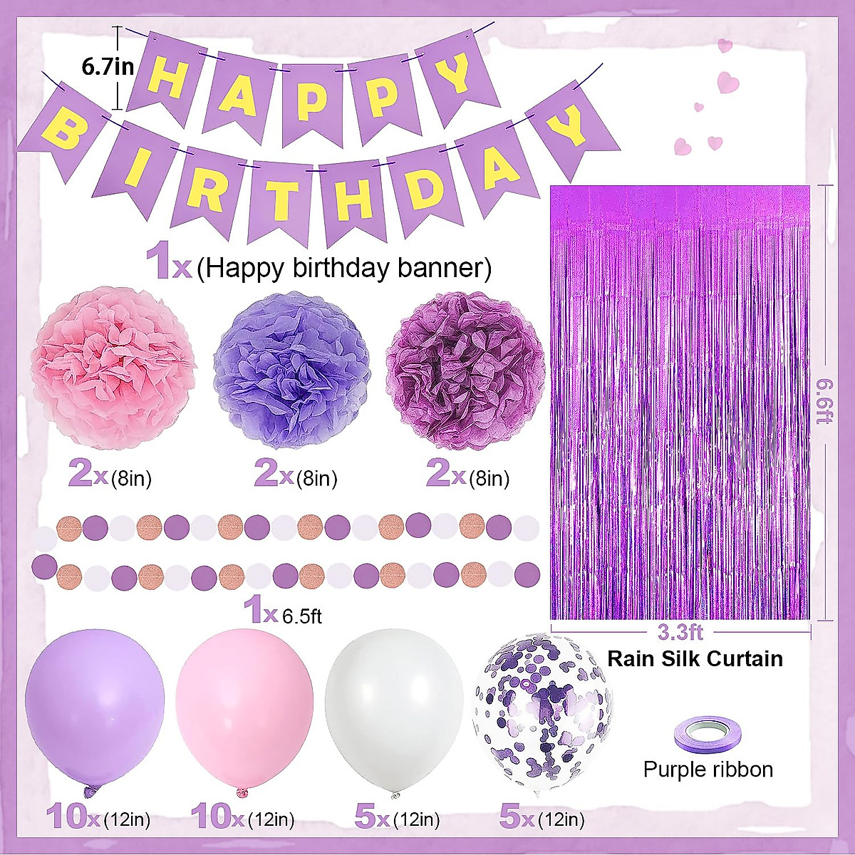 Upgraded Purple Pink Birthday Party Decorations for Women Girls with Happy Birthday Banner,Tissue Paper Pompoms,Circle Dots Garland,Fringe Curtains,Birthday Balloons,Purple Birthday Decor
