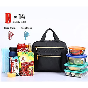 MIER Women's Lunch Totes Stylish Insulated Adult Lunchbox Bag with Shoulder Strap-Resuable Lunch Bag, Multiple Pockets, Black