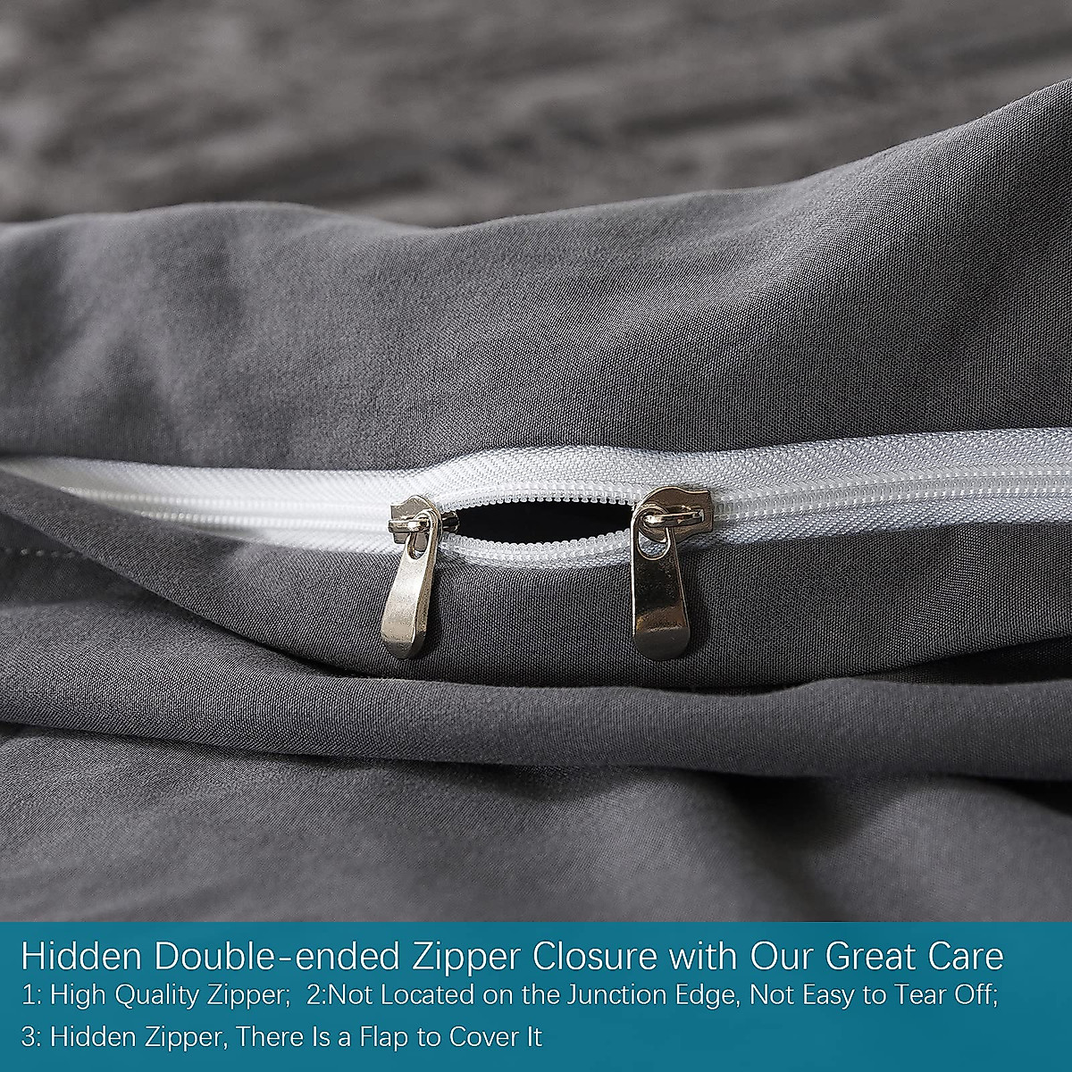 Lamourbear Jacquard & Tufted Geometric Grey Duvet Cover Queen Size Bedding Set, Soft, All Seasons, with Double-end Sliders Zipper Closure, 8 Ties, 3 Pieces (2 Pillowcase, 1 Duvet Cover), Q Dark Grey