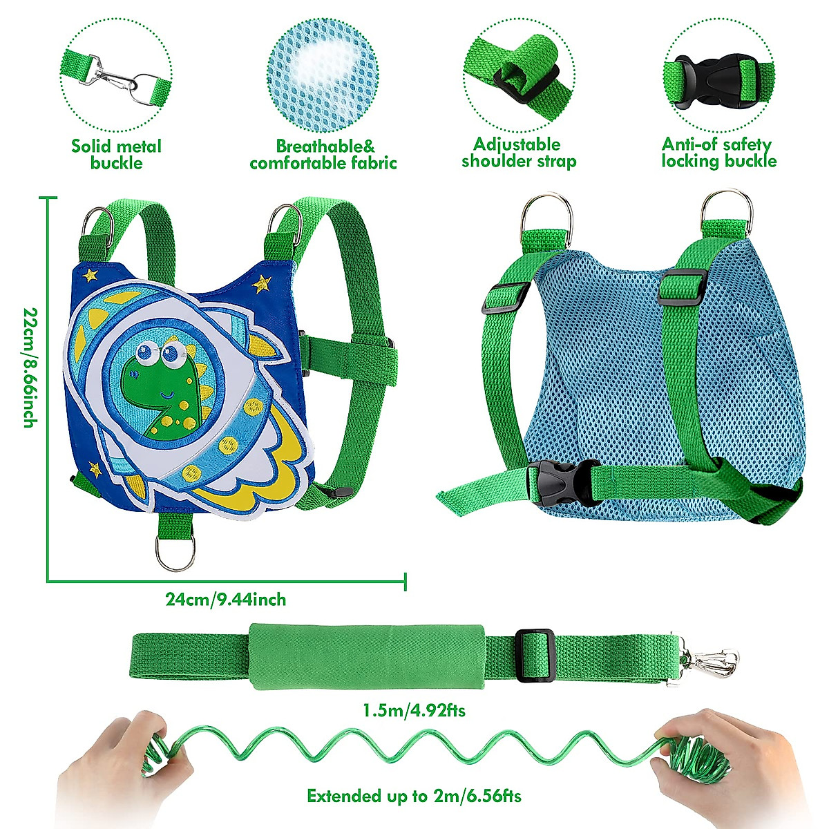 4 in 1 Toddler Harness Leash for Walking+Baby Anti Lost Wrist Link, Cute Dinosaur Child Safety Harness, Walking Wristband Assistant Strap Belt for Toddlers, Babies & Kids (Green)