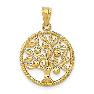 Solid 14k Yellow Gold Tree Of Life in Round Pendant Charm - 23mm x 16mm