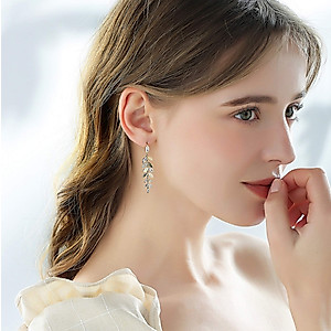 14K Gold Plated Olive Branch Leaf Cubic Zironia Cat Eye Dangle Earrings