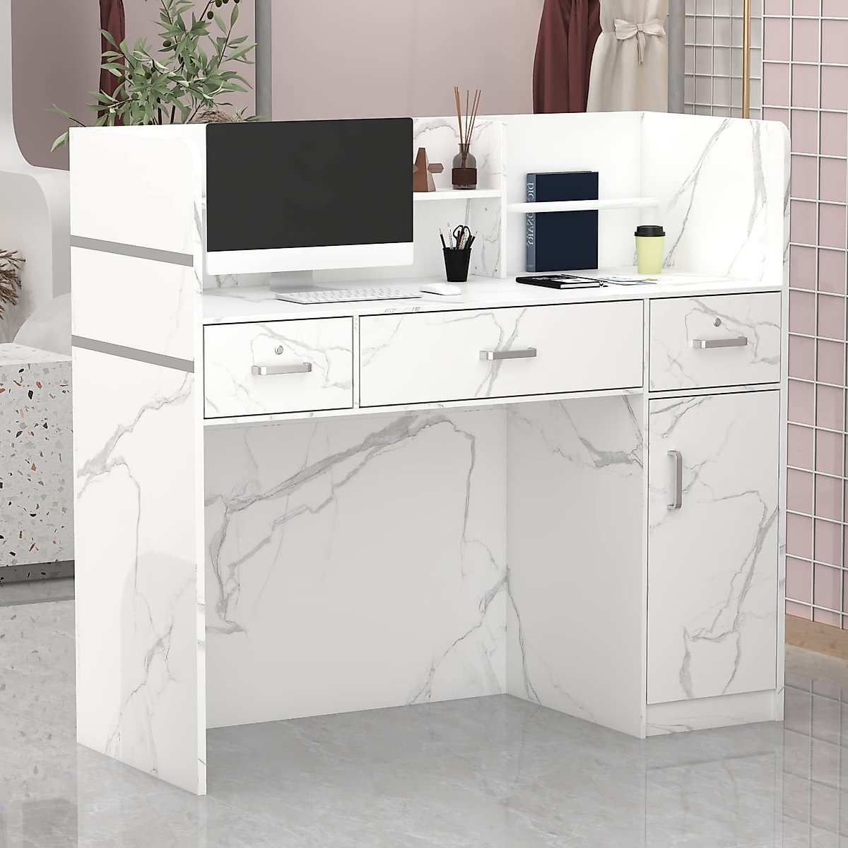 AGOTENI Reception Desk Reception Stations with Open Shelf & Drawers, Wooden Counter Desk with Lockable Drawer for Office Reception Room (Marble White)