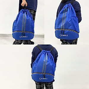 Cajmols Drawstring Backpack with Ball Compartment Water Resistant Sport Equipment Bag for Soccer Volleyball Baseball Softball Football Yoga Swimming (Q-Blue)