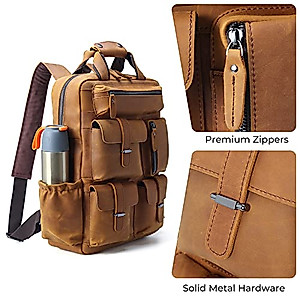 Cowhide Leather Multi Pockets 16 Inch Laptop Backpack Day Pack Travel Bag (Light Brown(Updated Version))